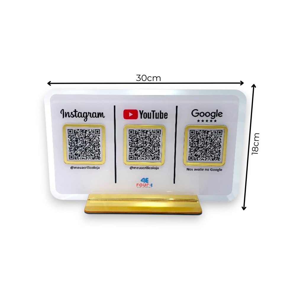 Placa Display Acrílico com 3 QR Codes - Pix e Instagram